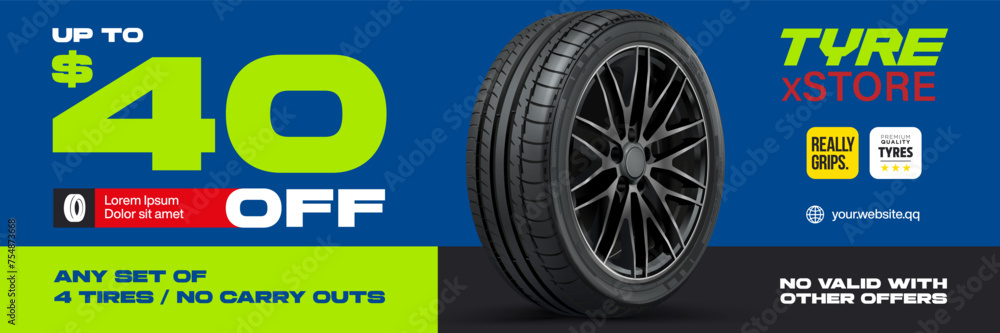 Tire shop vector banner of car wheel tyres with tread track price offer ...