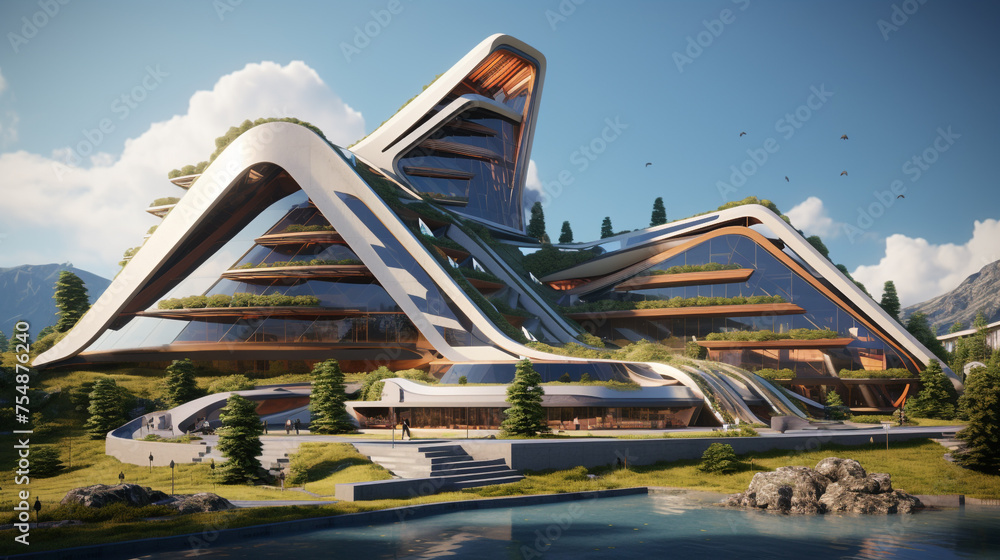 Business complex dominated by a series of sloping roofs. Stock Photo ...