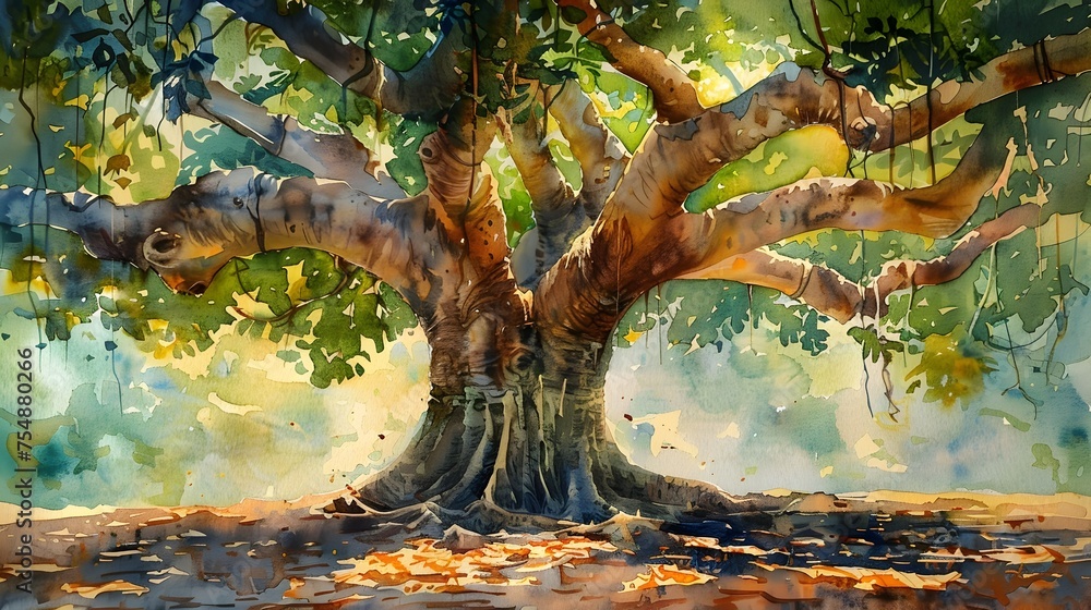 Watercolor Painting of an Ancient Tree, To showcase the grandeur and ...