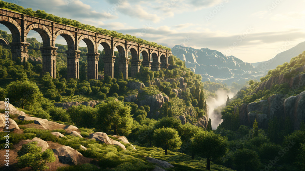 Poster Roman aqueducts draped over a lush valley, still standing as a ...