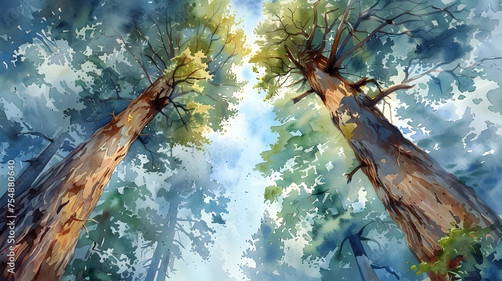 Watercolor Redwood Trees Reaching Towards the Sky, To showcase the ...