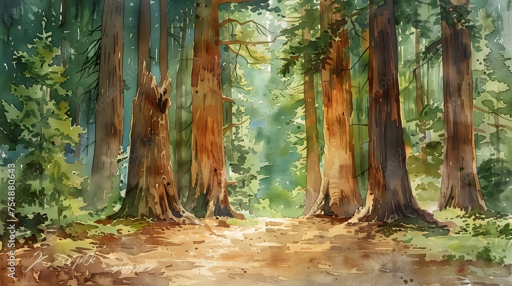 Watercolor Redwood Trees Reaching Towards the Sky, To showcase the ...