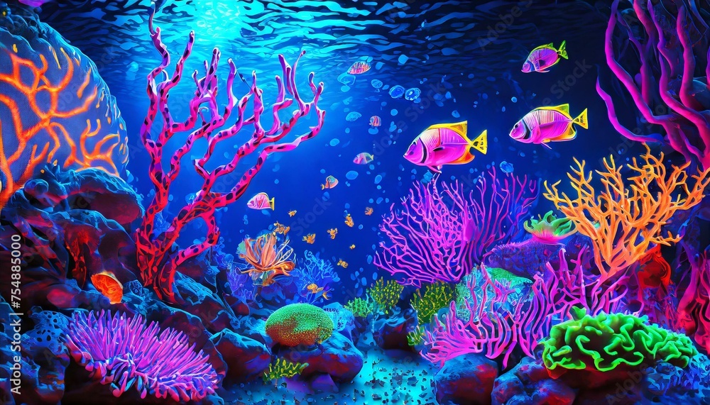 Underwater world with glowing coral reefs and exotic fish in neon colors Stock Illustration ...