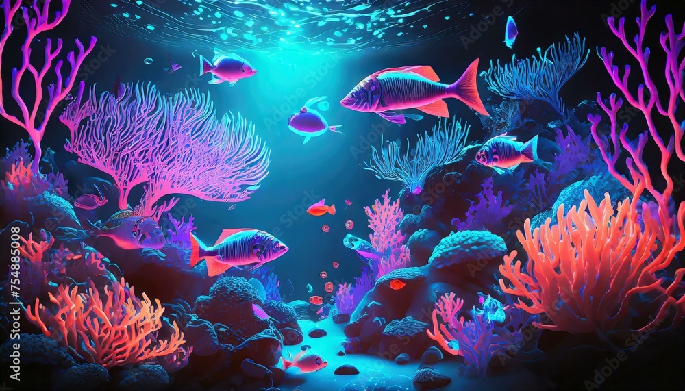 Underwater world with glowing coral reefs and exotic fish in neon ...