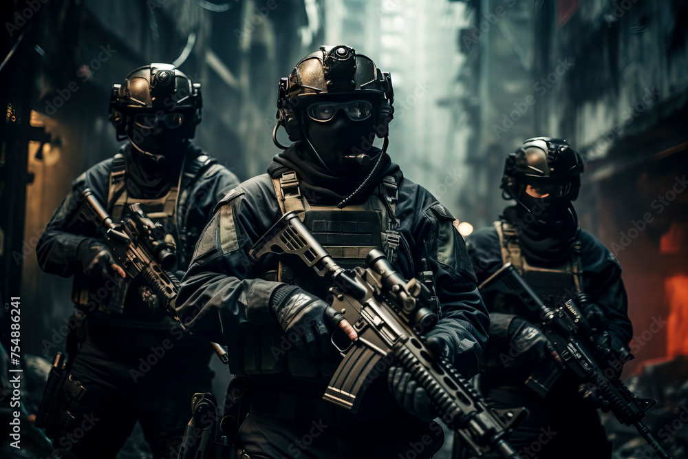 Urban Warfare: Mercenaries in Action with Assault Rifles in a Dark ...