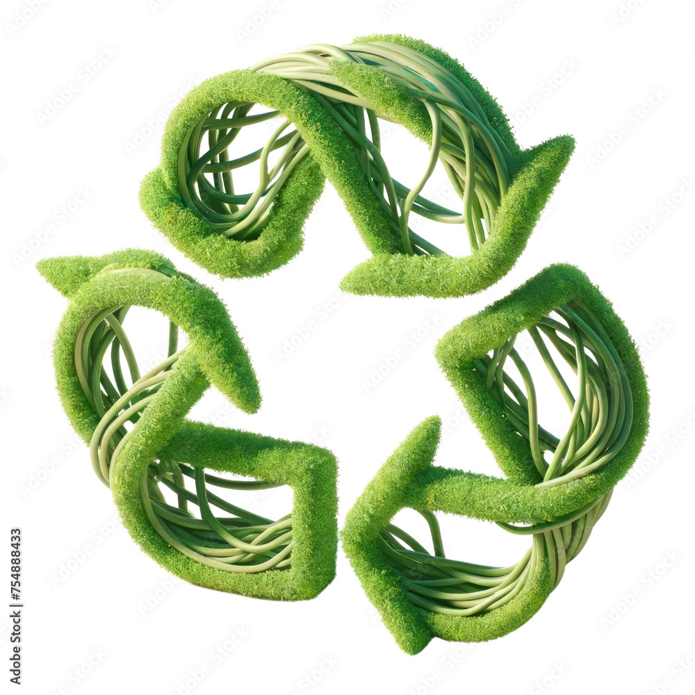 A green recycling symbol made of green wires. The symbol is a ...