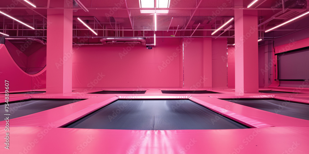 Pink Indoor Trampoline Park in Modern Facility. Empty trampoline park ...