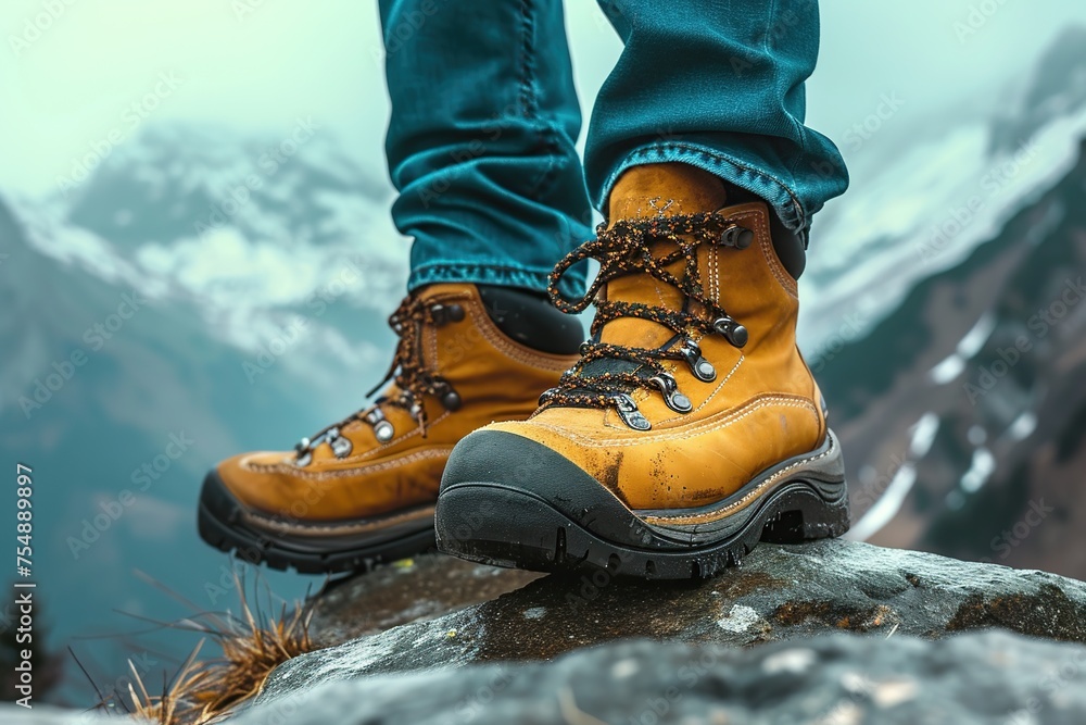 Close up photo of the feet of a mountaineer who is climbing a mountain ...