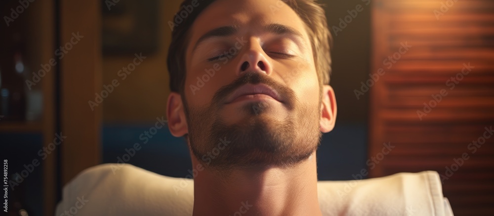 A man with a beard is resting on a bed, his eyes closed. His nose is ...