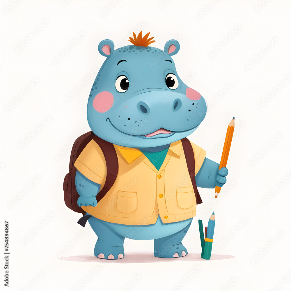 Cartoon Hippo ready for school for school story book cover design Stock ...