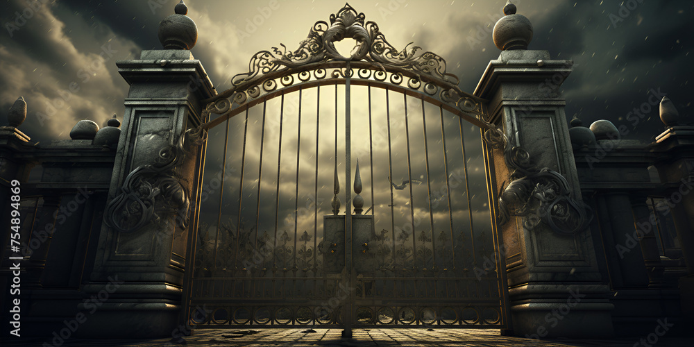 gothic gate, iron mansion gates, with misty fog and lanterns, for a ...