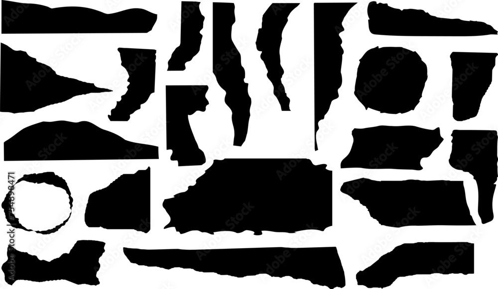 Collection of torn paper pieces. Black square frames with Irregular ...