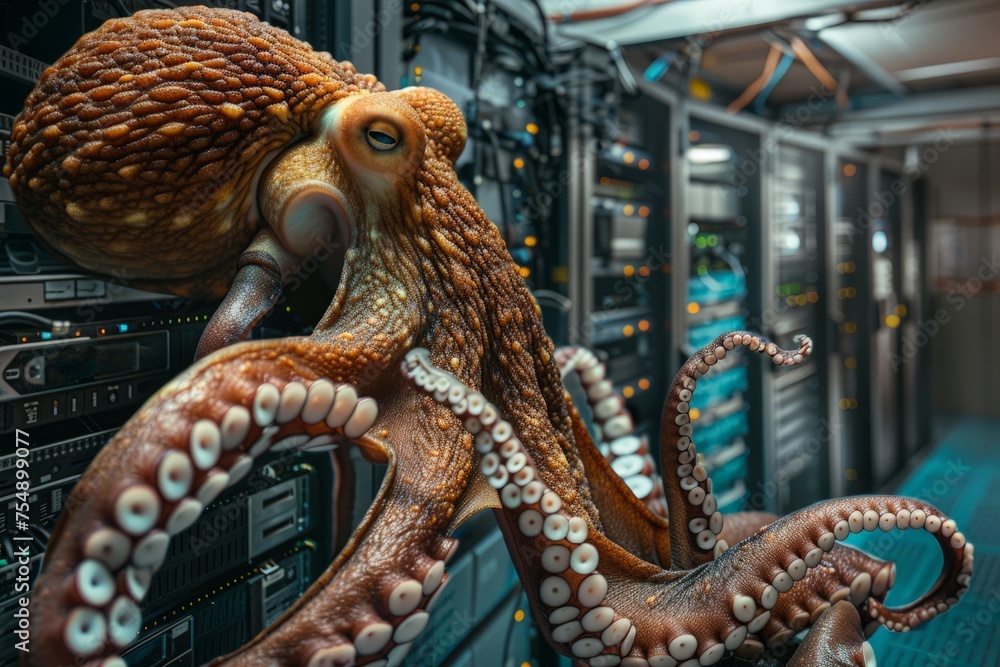 A giant octopus with an eye patch and smoking pipe sits atop a computer ...