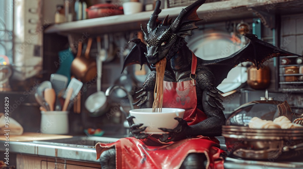 Dragon Chef - A dragon statue wearing a chef's apron and holding a bowl ...