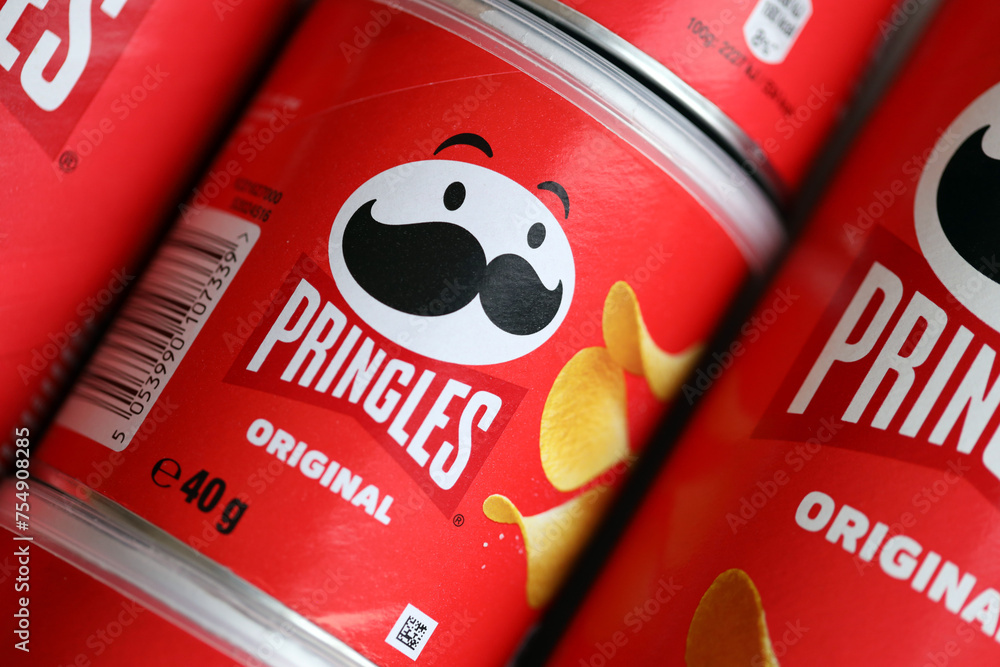 KYIV, UKRAINE - FEBRUARY 27, 2024 Pringles original potato chips on ...