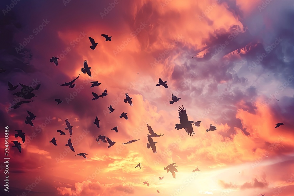 A flock of birds flying together through a cloudy sky, creating a ...