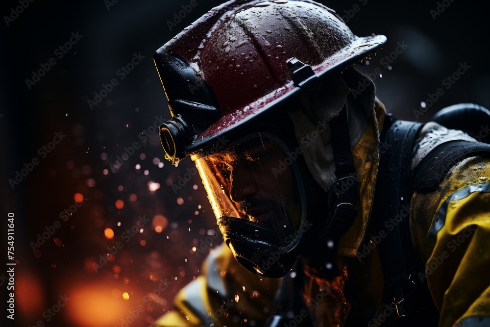 Firefighter in action extinguishing intense house fire with water hose ...