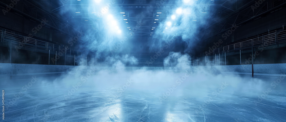 Blue Ice Rink Background. Professional Arena illuminated neon lights ...