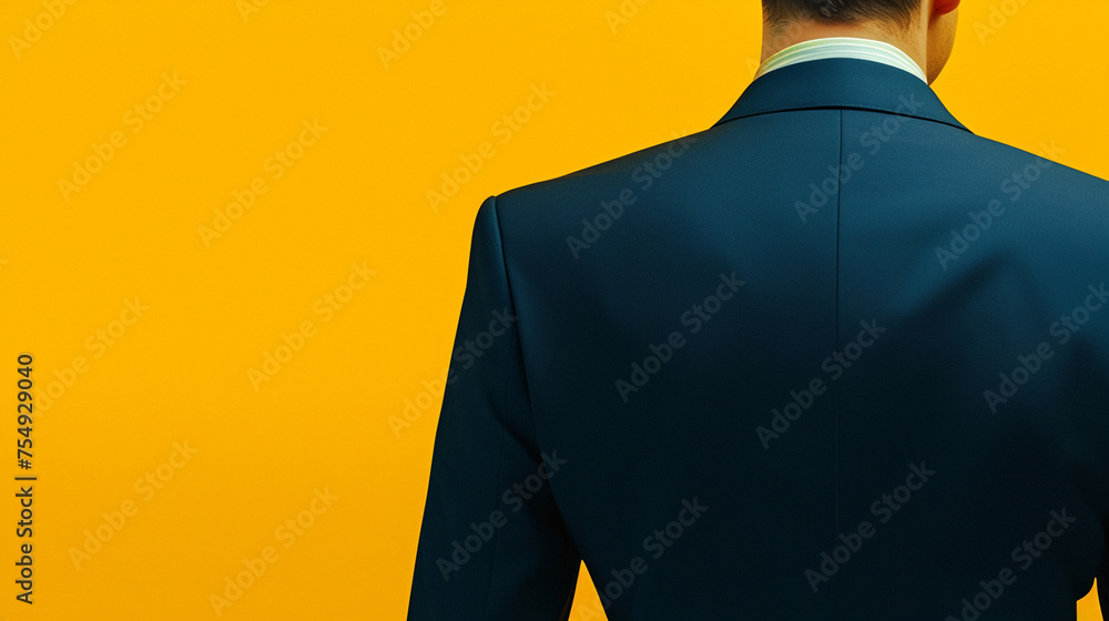 back of a man wearing a black suit on an isolated yellow background ...