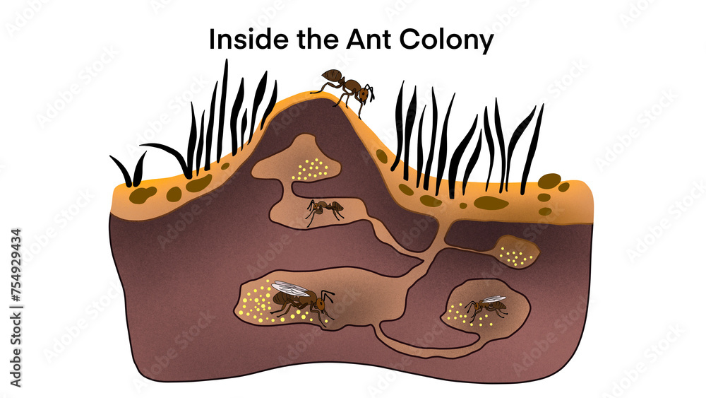 Ant colony living underground, Cartoon anthill colony at soil, insects in formicary consisting ...
