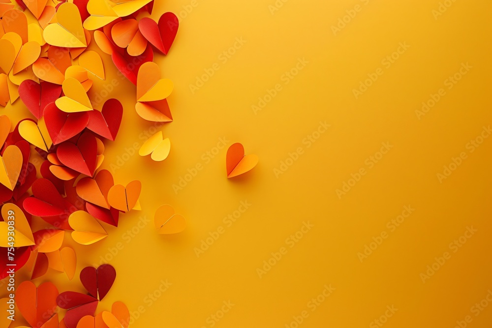 Paper hearts cascading symbol of abundant love on a cheerful yellow ...