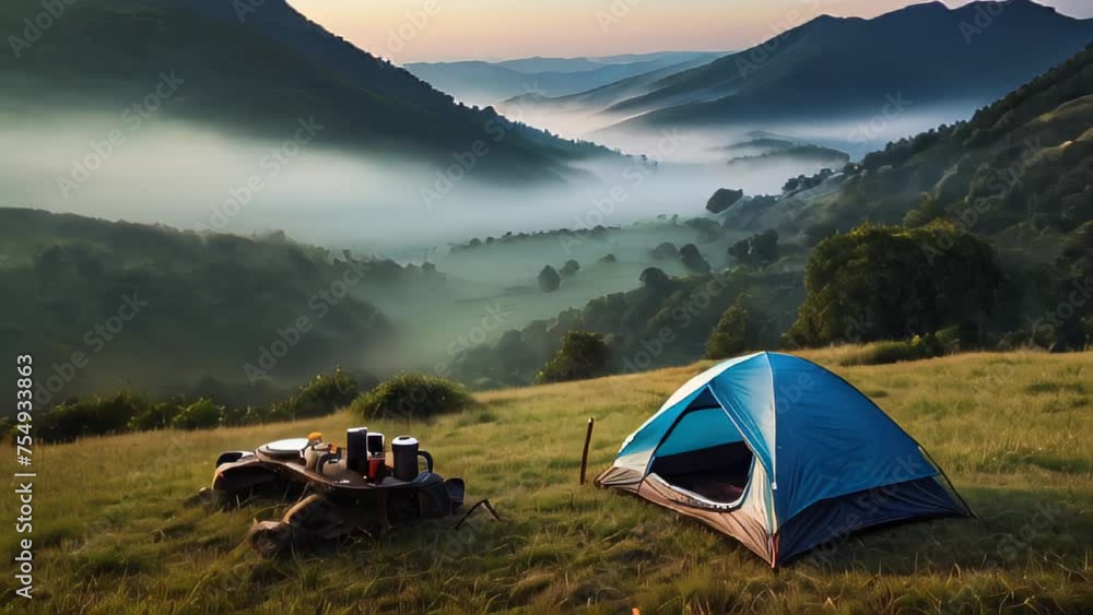 Mountain camping under a vast sky, surrounded by lush greenery, tents ...