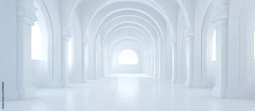 A long white hallway extends with arches and columns lining the sides ...