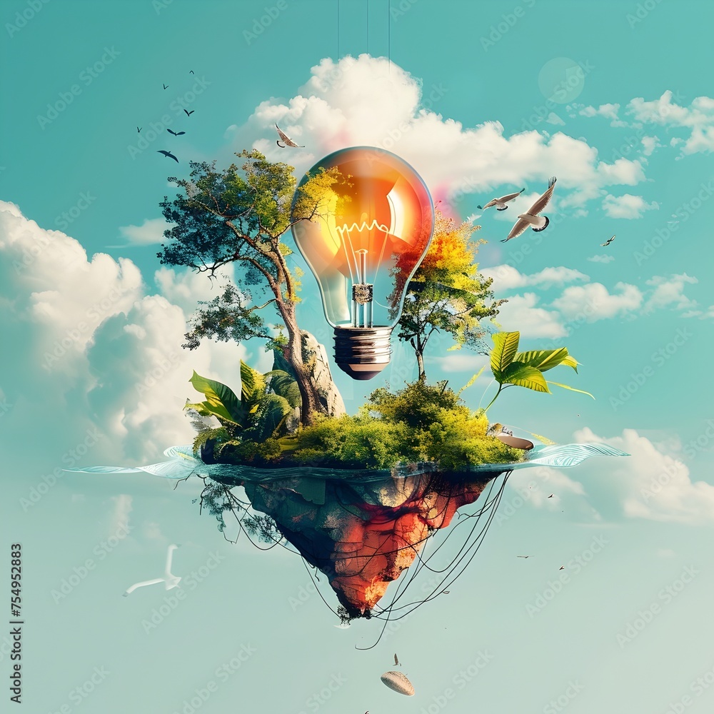 Futuristic Island Illustration with Light Bulb and Nature, To provide a ...