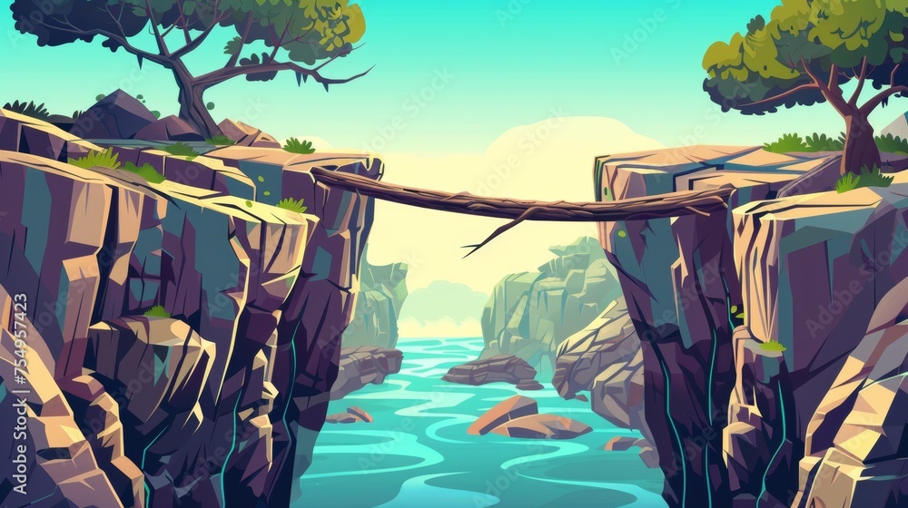 Cartoon modern illustration of summer landscape with high rough edge ...