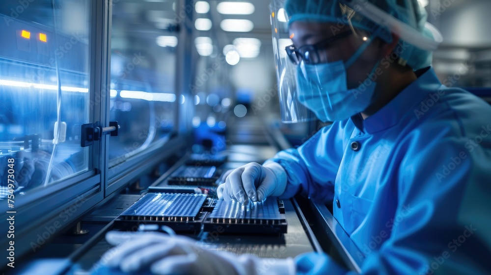 Clean room engineer working with high-tech gear - A close-up of a clean ...