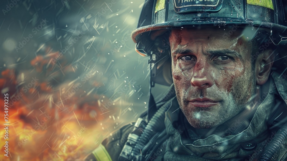 Firefighter with a focused gaze amidst flames - A dramatic and ...
