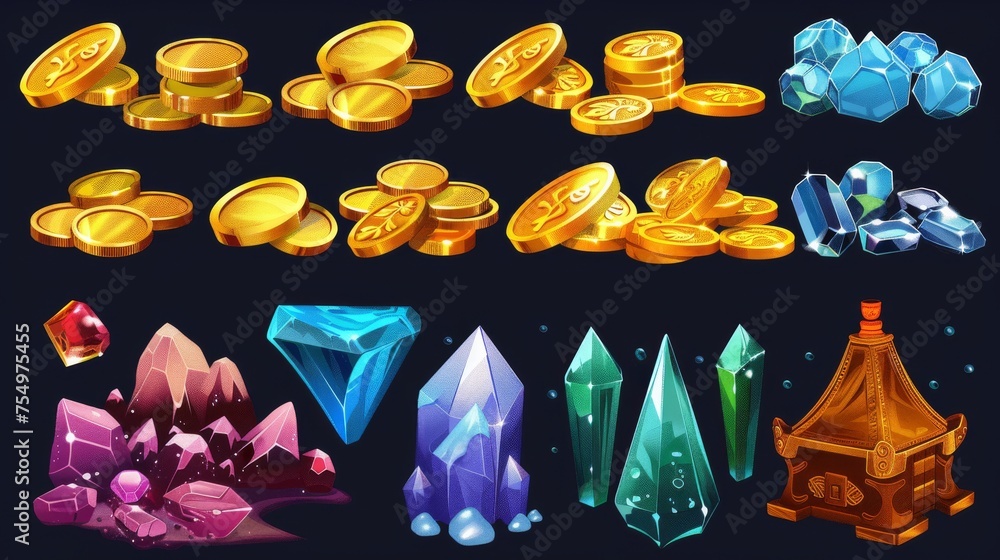 An isolated background with piles of golden coins and gem stones ...