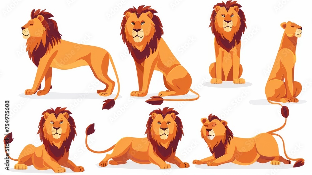 Modern illustration of an African Lion standing, sitting, lying ...