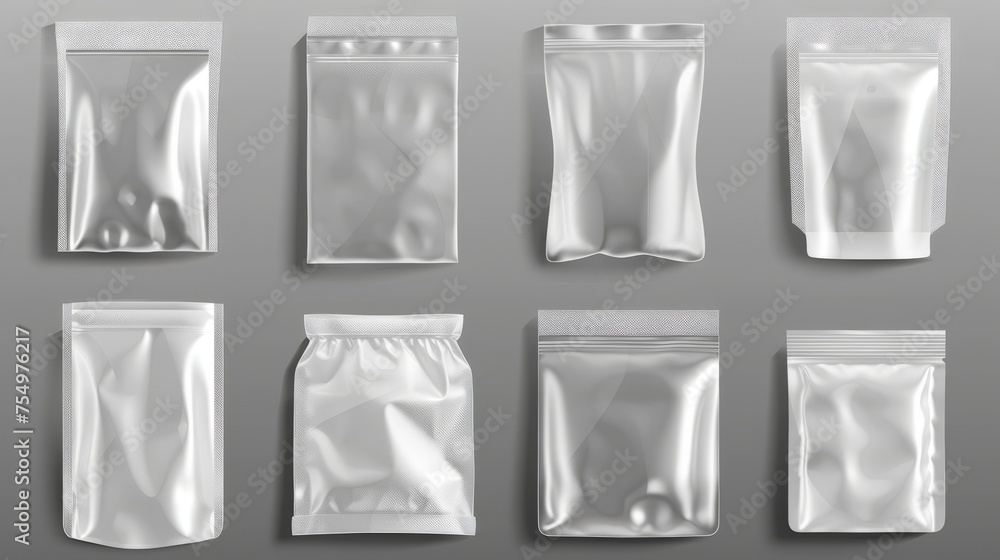 Various blank polythene packages or envelopes on transparent background ...