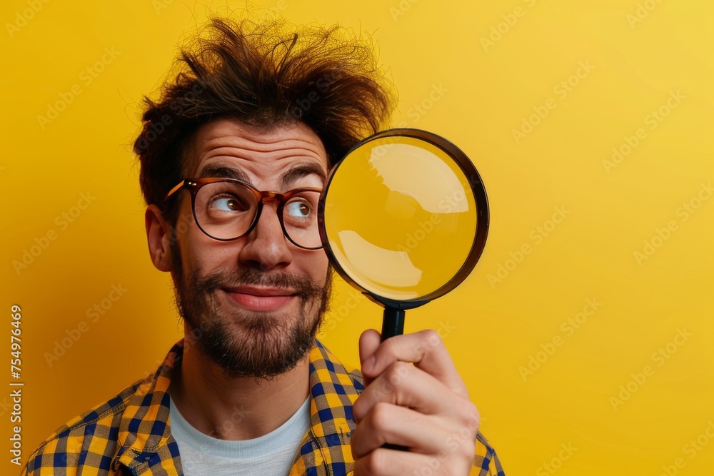 Inquisitive young man exploring with magnifying glass on yellow ...