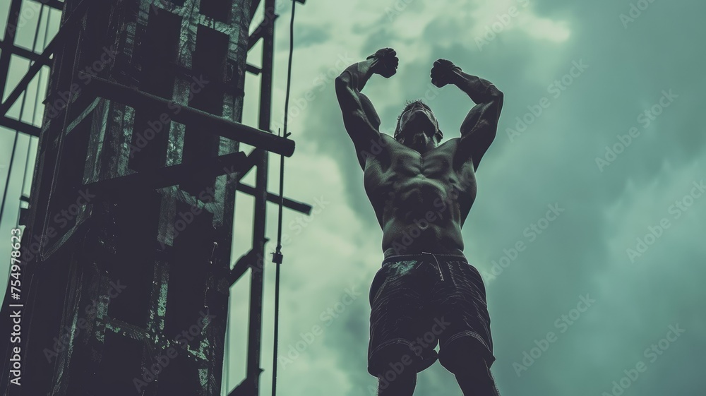 Muscular man posing on construction site - Dramatic image showing a ...