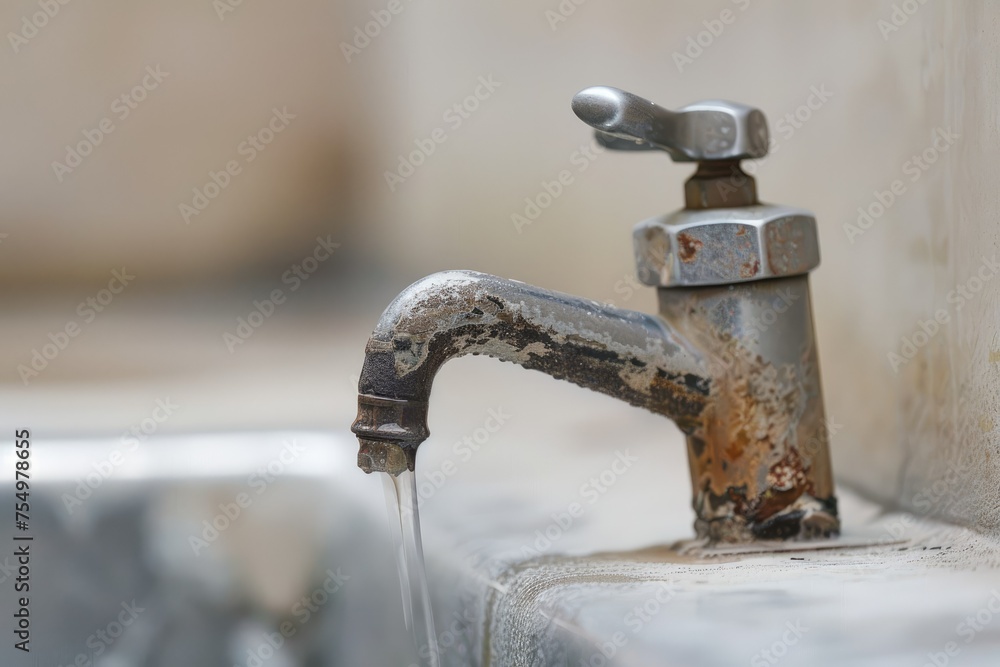 Old rusty outdoor tap with water drip - Close-up of an old, corroded ...
