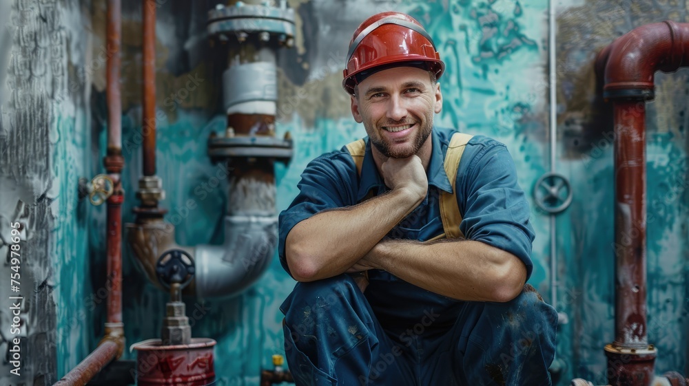 Plumber smiling confidently by a wall of pipes - A cheerful image of a ...
