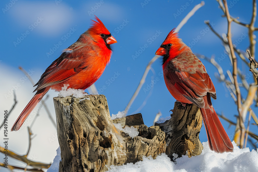 Pair of Northern Cardinals (cardinalis cardinalis) on a stump with snow ...