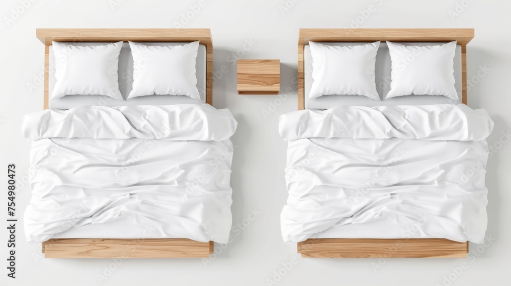 Top view of single and double beds with white duvets, pillows, and ...