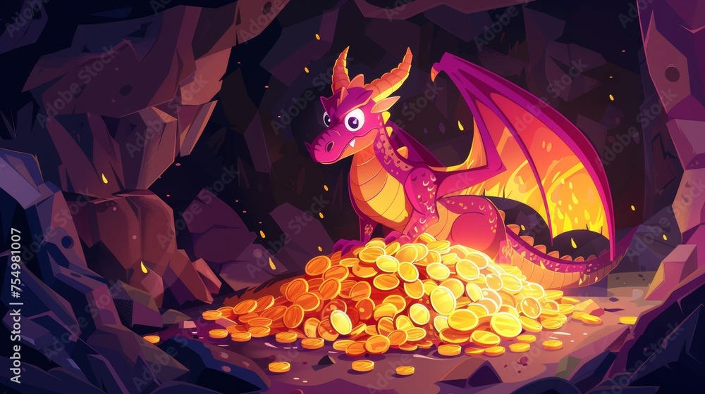 A dragon guards a gold pile in a cave, a fantasy character guards a ...