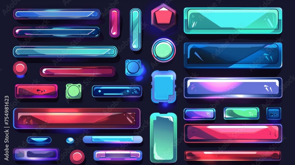 Isolated illustration of game frames, bars, and menu buttons. Empty ...