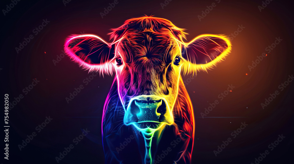 glowing neon light effect head of a cow, bright advertising design ...