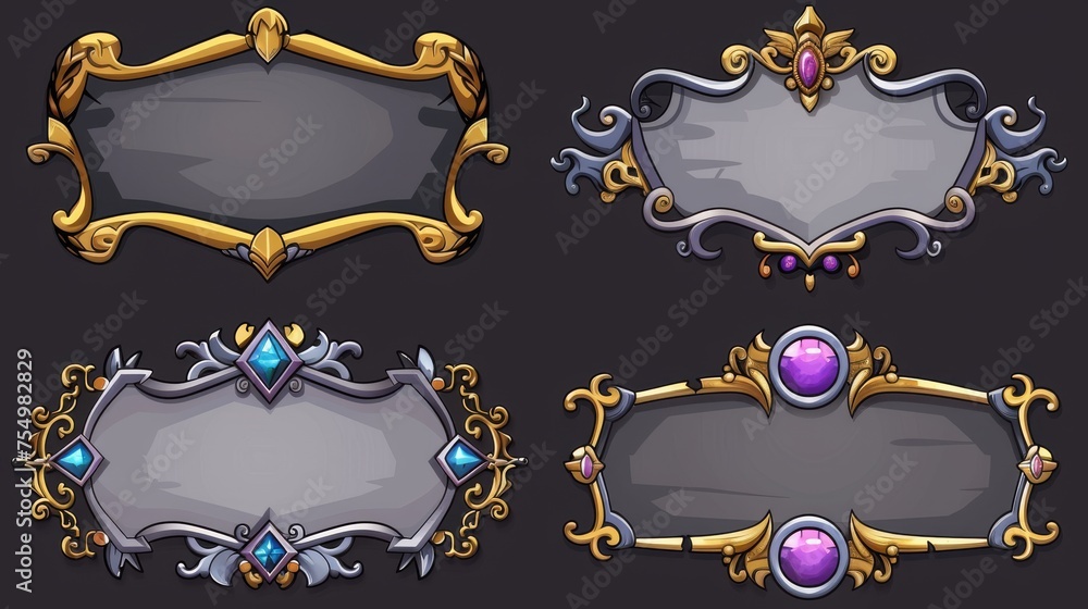 Modern cartoon set of empty banners with ancient fancy gold and metal ...