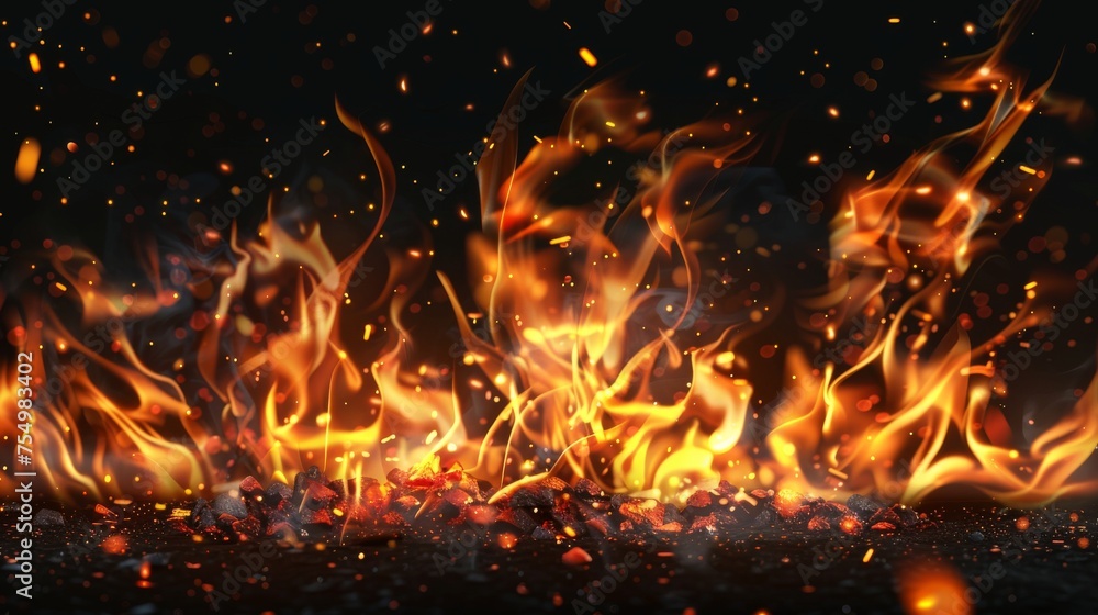 Isolated fire with sparks, smoke, and flying sparks with a transparent ...