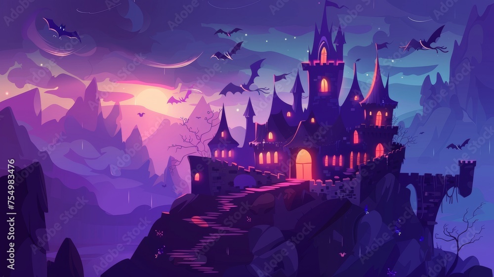 In a dark sky, a creepy castle on a rock, haunted by gothic ...