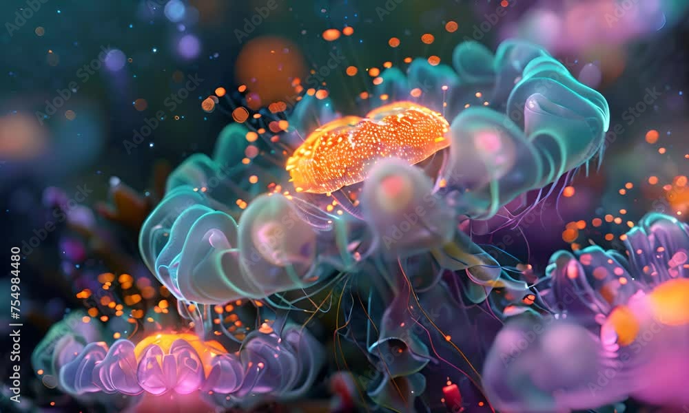 Bright neon paints depicting cells under a microscope. The concept of ...