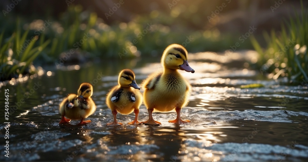 Compose an image of a cute little duckling waddling alongside its ...