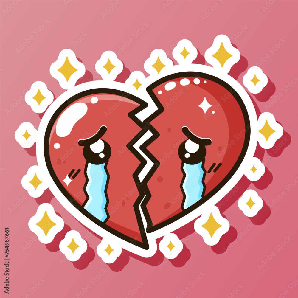 Cute cartoon designed sticker with broken crying red heart emoticon ...