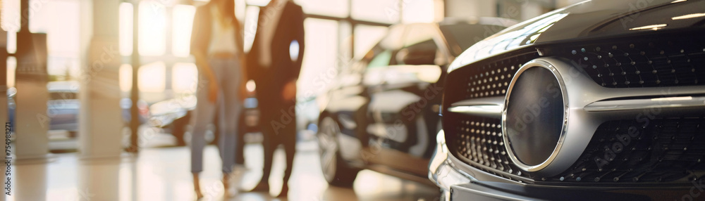 Elegant luxury car agent engaging with clients in a sophisticated auto ...